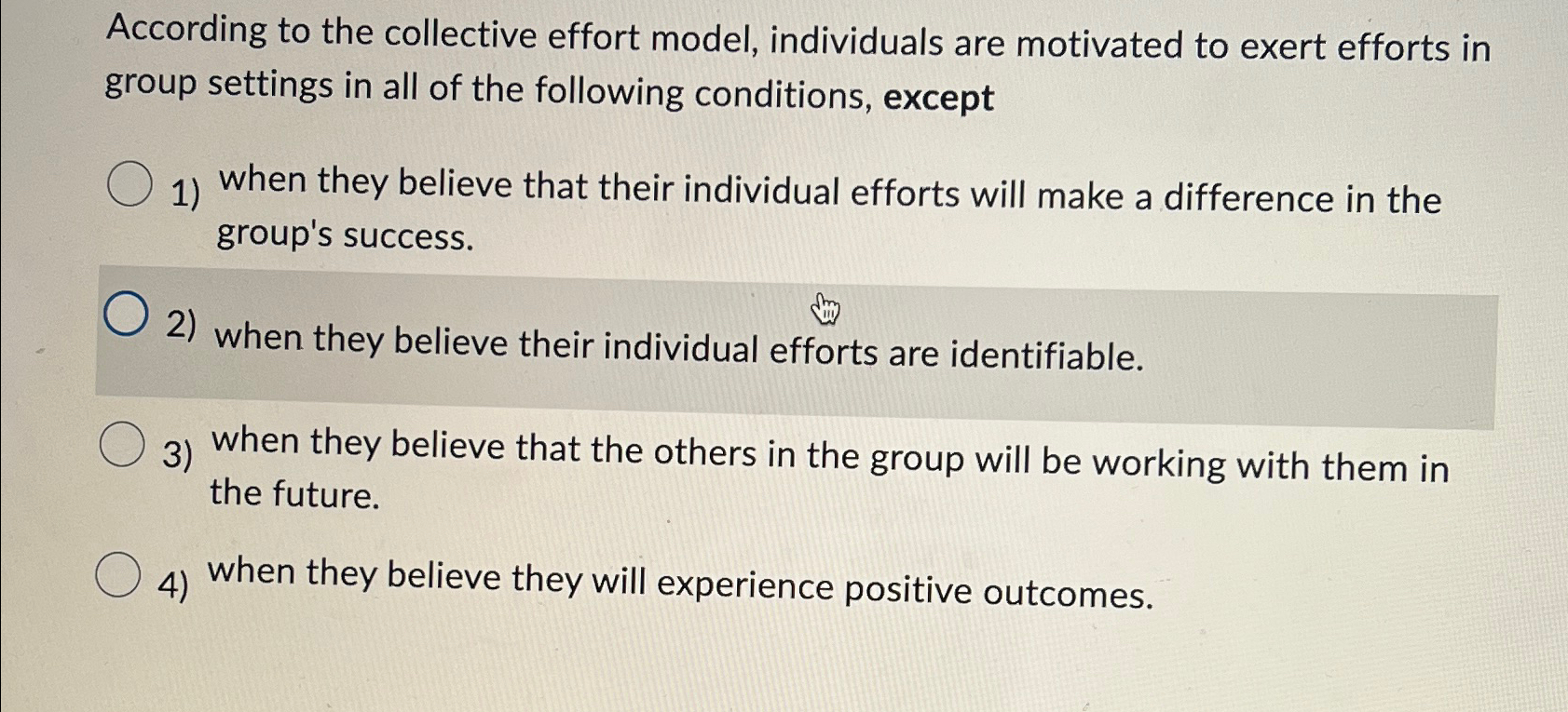 Solved According to the collective effort model, individuals | Chegg.com