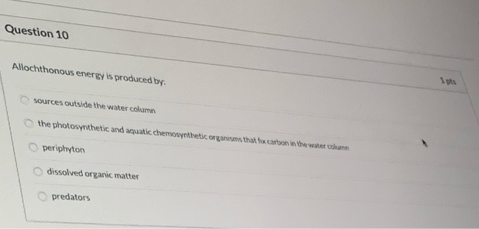 Solved Question 10 Allochthonous energy is produced by: | Chegg.com
