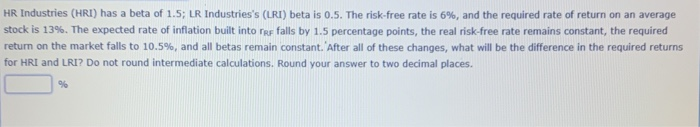 Solved HR Industries (HRI) has a beta of 1.5; LR | Chegg.com