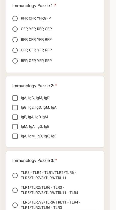 Solved Immunology Puzzle 1:* RFP, CEP, YFP,GFP GEP, YFP, | Chegg.com