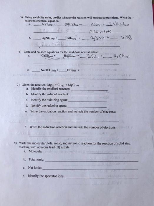 Solved 5) Using solubility rules, predict whether the | Chegg.com