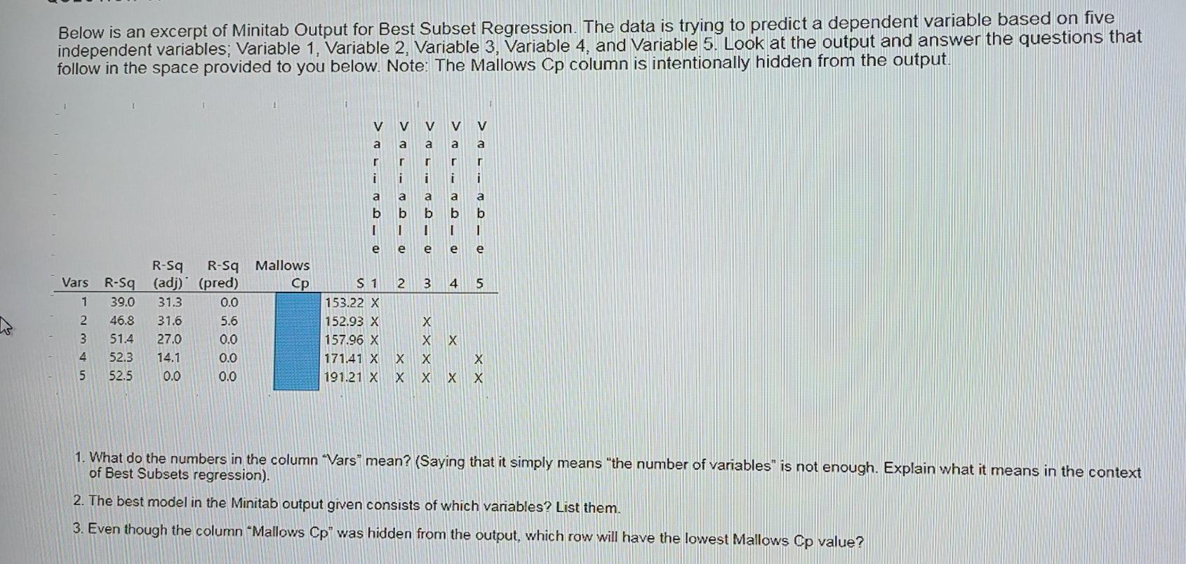 Solved Below is an excerpt of Minitab Output for Best Subset | Chegg.com