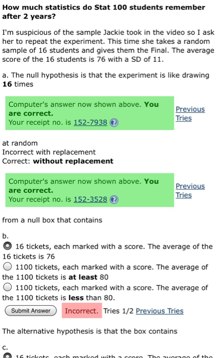 How much statistics de Stat 100 students remember | Chegg.com