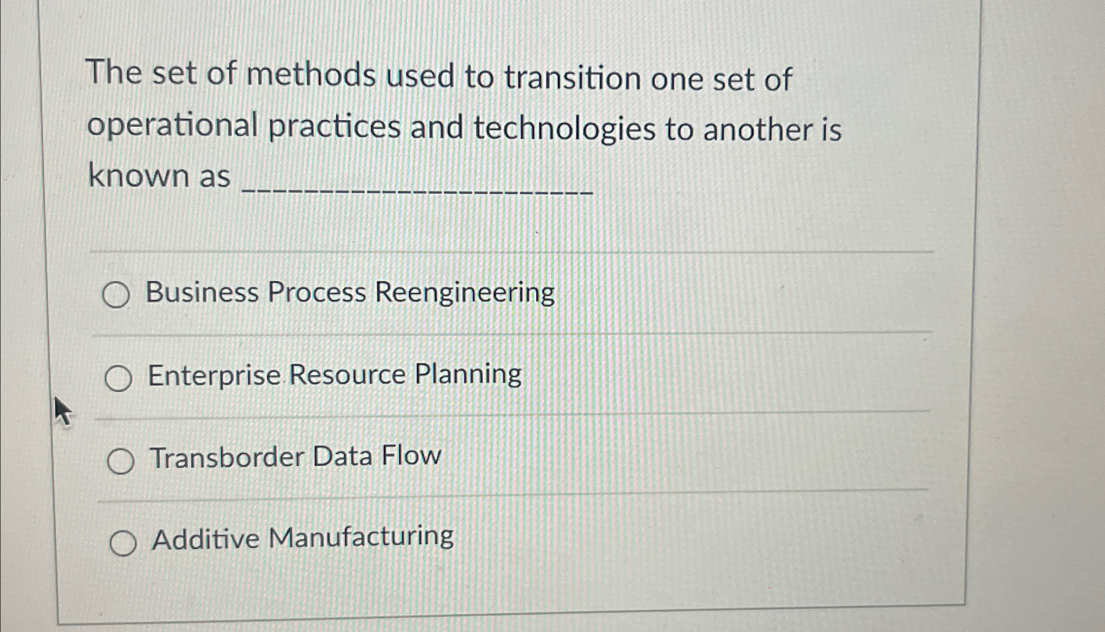 Solved The set of methods used to transition one set of | Chegg.com