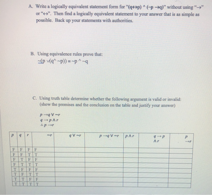 Solved A. Write a logically equivalent statement form for | Chegg.com
