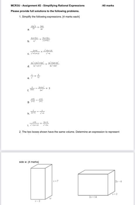 Solved MCR3U - Assignment w2 - Simplifying Rational | Chegg.com