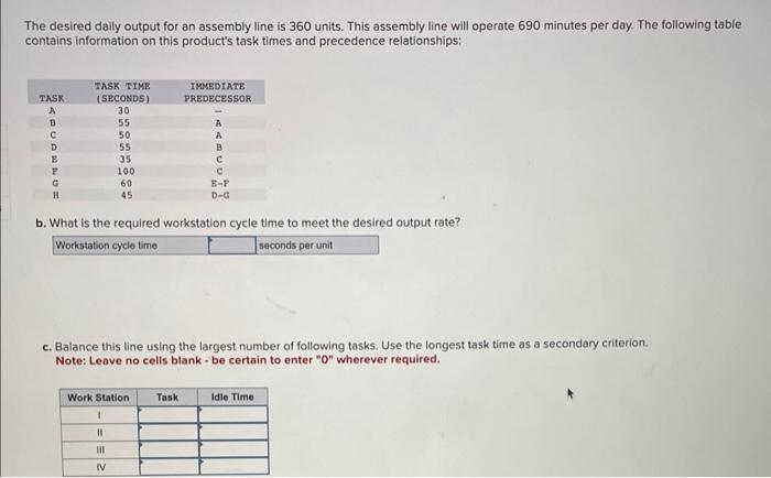 Solved The desired daily output for an assembly line is 360 | Chegg.com