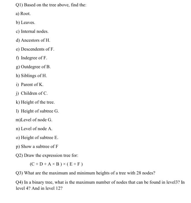 Solved Q1) Based on the tree above, find the: a) Root. b) | Chegg.com