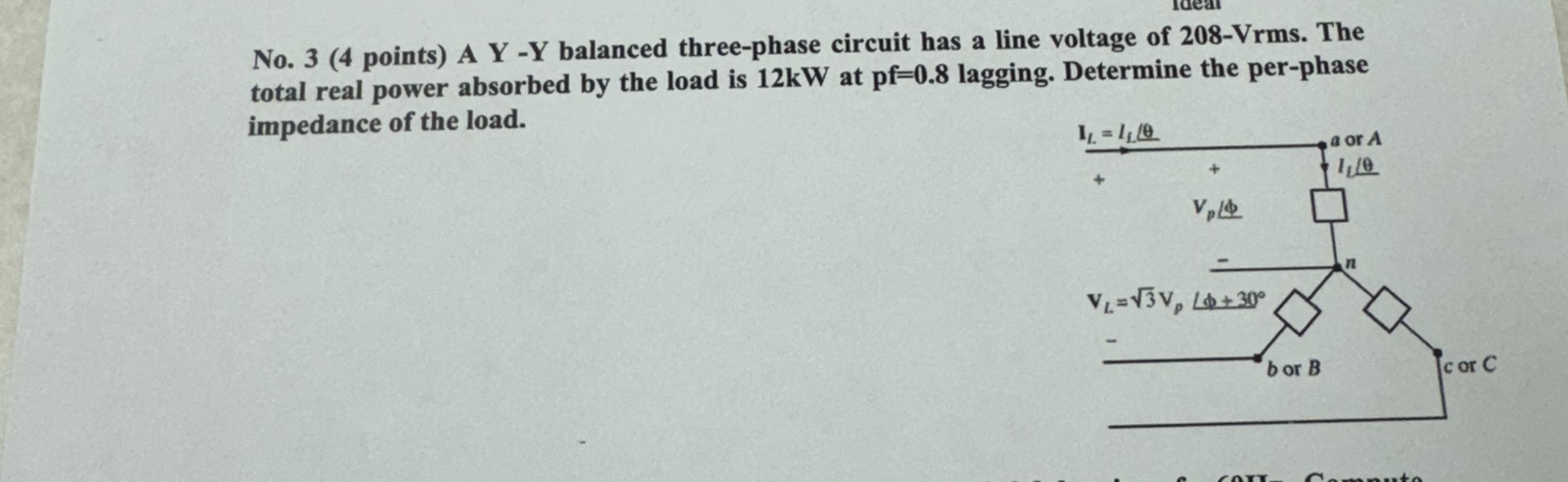 Solved No. 3 (4 ﻿points) ﻿A Y -Y balanced three-phase | Chegg.com