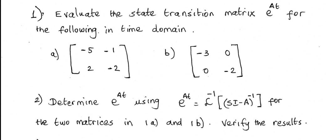 Solved 2) Determine eAt using eAt=L−1[(SI−A)−1] for the two | Chegg.com