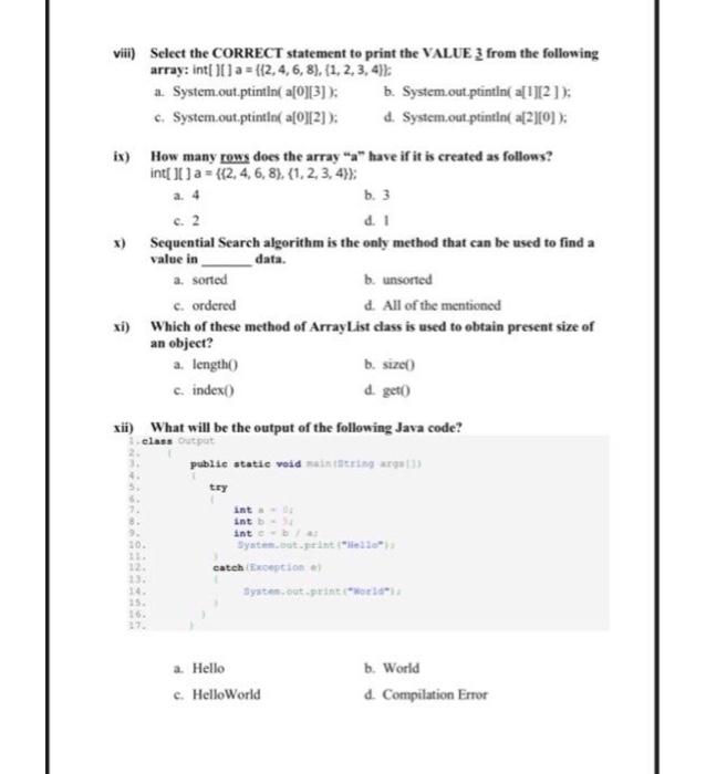 Solved viii) Select the CORRECT statement to print the VALUE | Chegg.com
