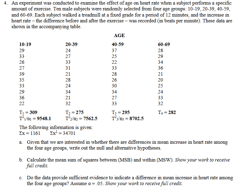 Solved 4. ﻿An experiment was conducted to examine the effect | Chegg.com
