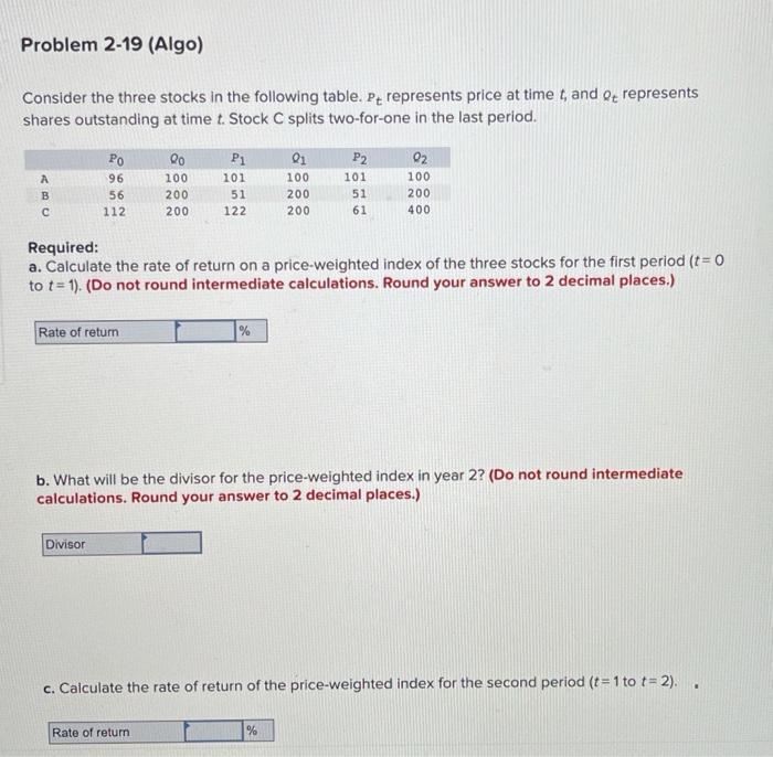 Solved Problem 2-19 (Algo) Consider the three stocks in the | Chegg.com
