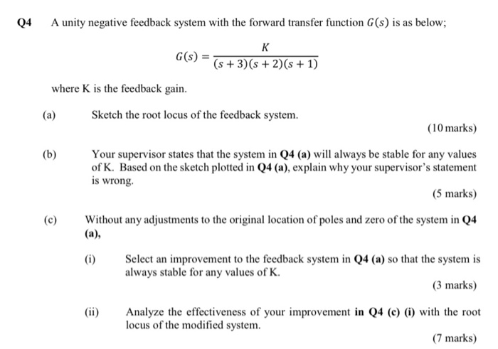 Solved Q4 A unity negative feedback system with the forward | Chegg.com