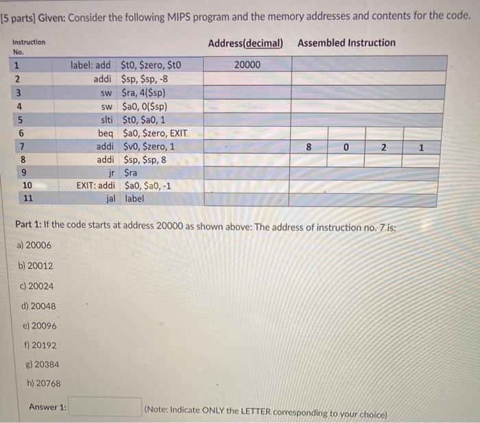 Solved 5 Parts Given Consider The Following Mips Program 4578