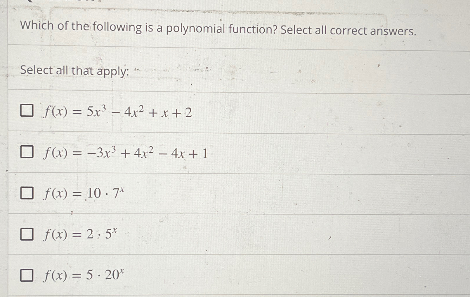 Solved Which of the following is a polynomial function? | Chegg.com