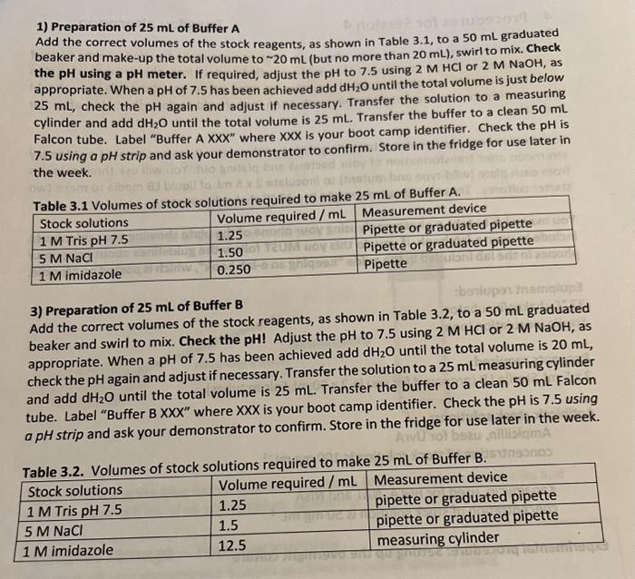 Solved 1) Preparation of 25mL of Buffer A Add the correct | Chegg.com
