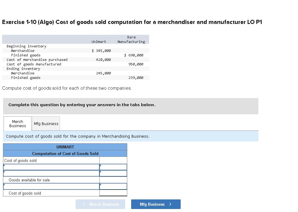Solved Exercise 1-10 (Algo) ﻿Cost of goods sold computation | Chegg.com