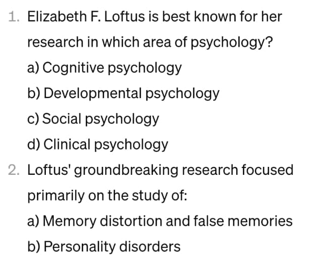 Solved Elizabeth F. ﻿Loftus is best known for her research | Chegg.com