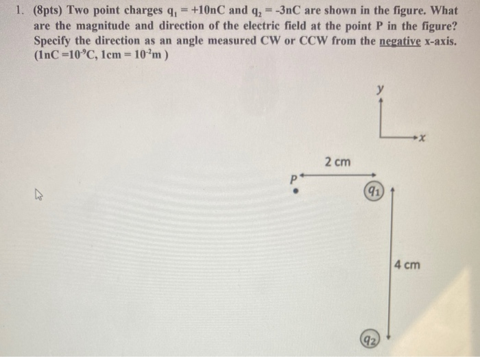 Solved 1. (8pts) Two point charges 9, = +10nC and q2 = -3nC | Chegg.com