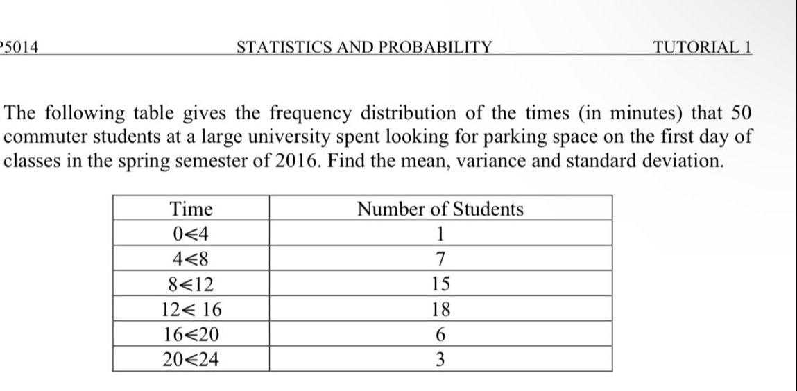 Solved P5014 STATISTICS AND PROBABILITY TUTORIAL 1 The | Chegg.com