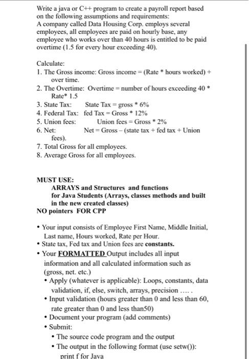 Solved Write a java or C++ program to create a payroll | Chegg.com