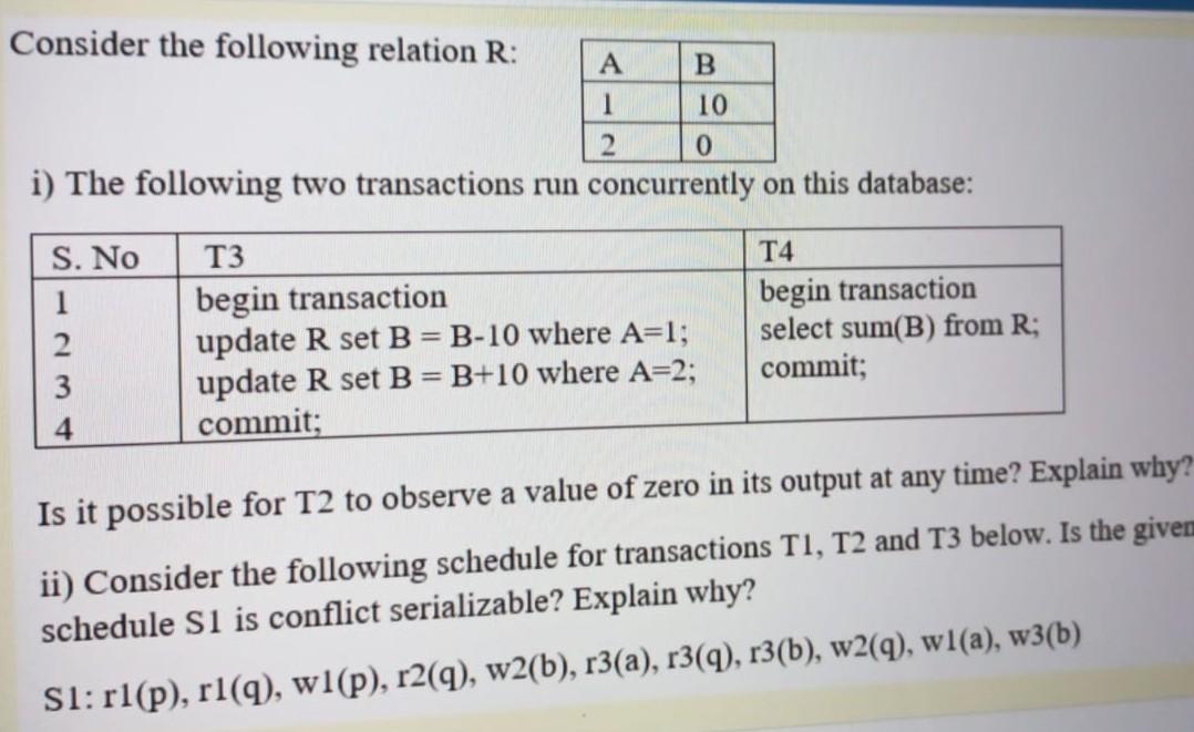 Solved Consider the following relation R: A 1 2 B 10 0 i) | Chegg.com