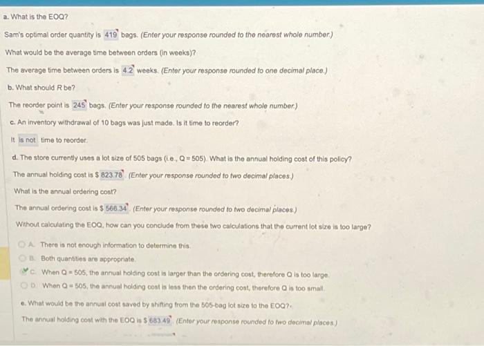Solved Sam's optimal order quantity is bags. (Enter your | Chegg.com