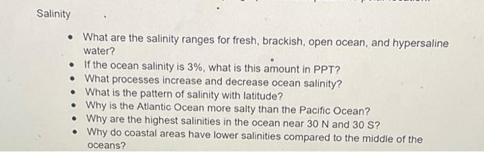 Solved - What are the salinity ranges for fresh, brackish, | Chegg.com