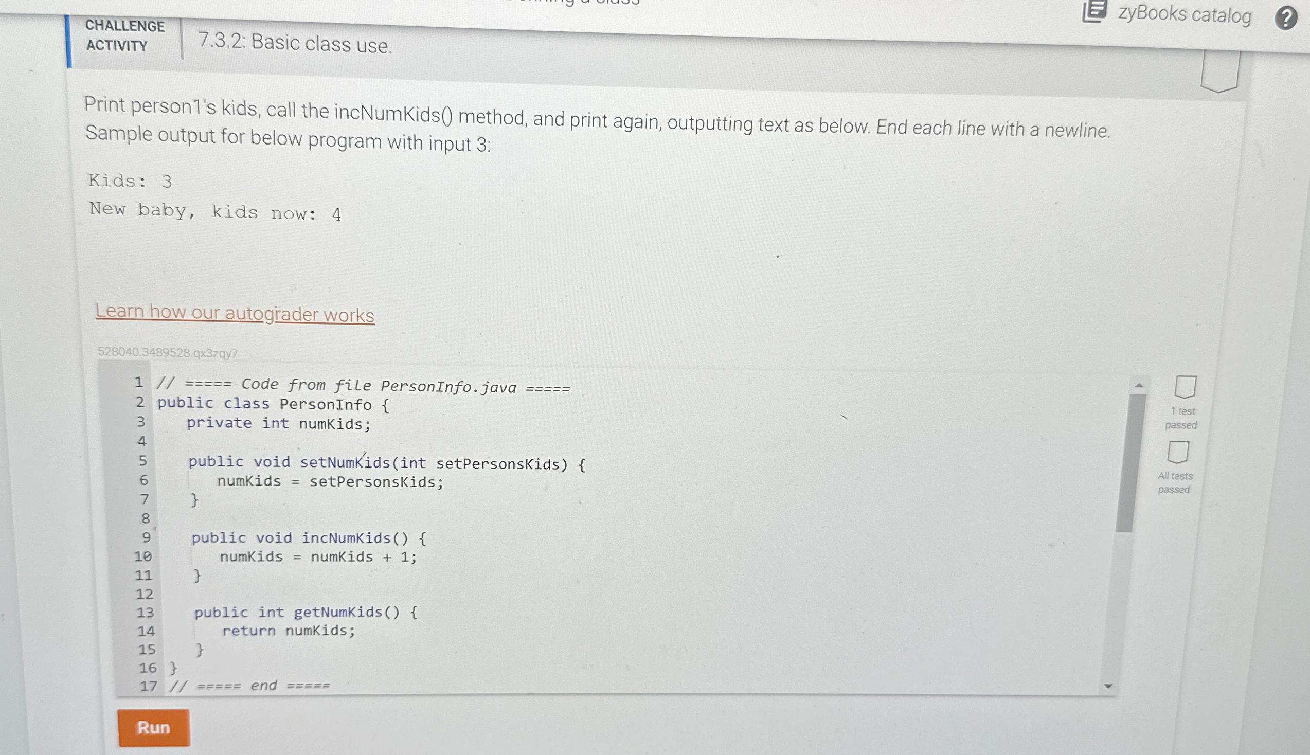 Solved CHALLENGEzyBooks catalogACTIVITY7.3.2: Basic class | Chegg.com