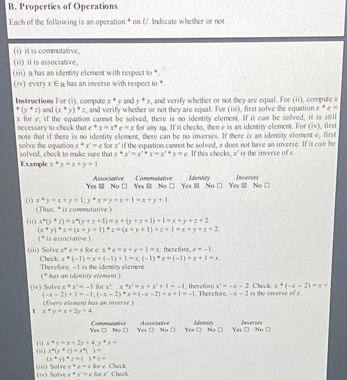 Solved B. ﻿Properties of OperationsEach of the following is | Chegg.com