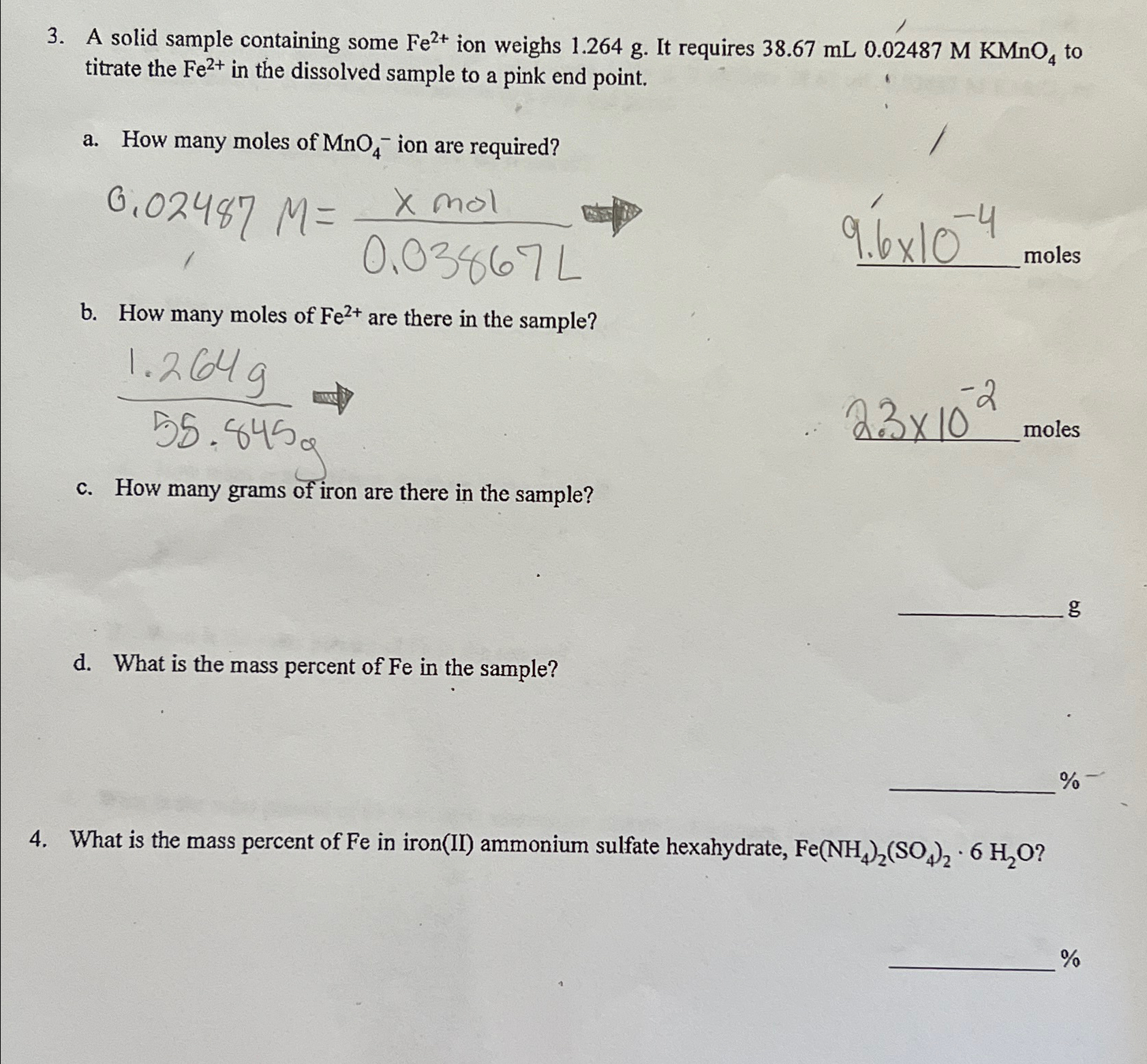 Solved A solid sample containing some Fe^(2+) ion weighs | Chegg.com
