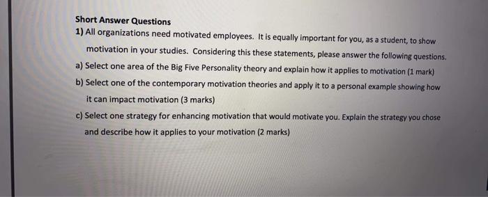 Solved Short Answer Questions 1) All organizations need | Chegg.com