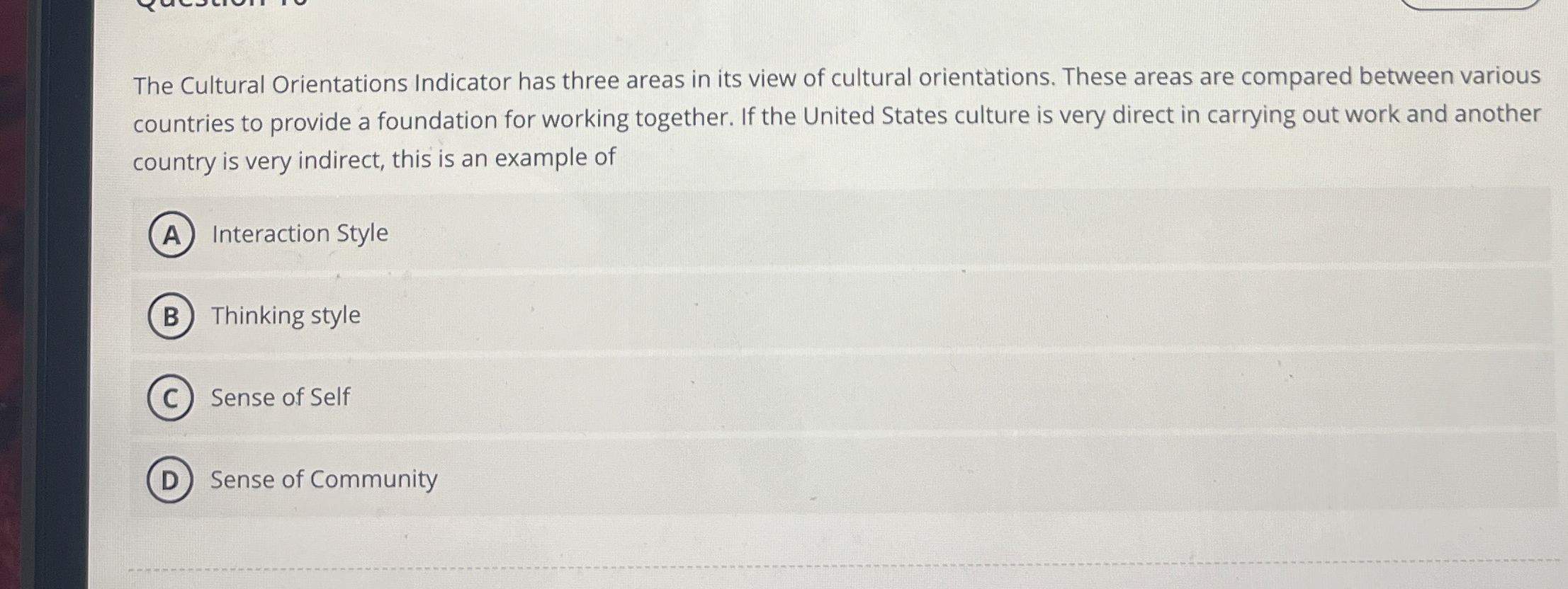 Solved The Cultural Orientations Indicator has three areas | Chegg.com