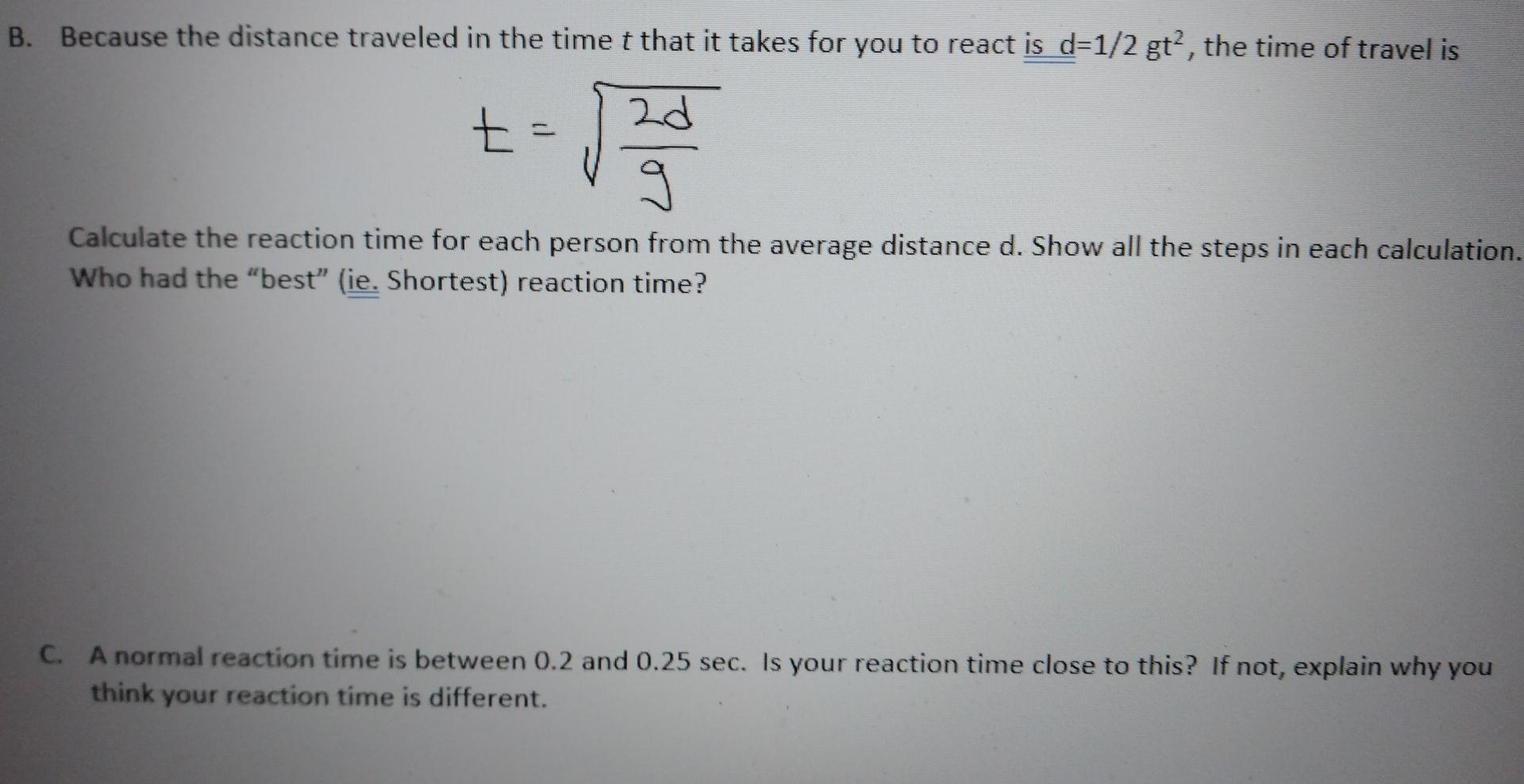 Reaction time exploration Working with a partner, you | Chegg.com