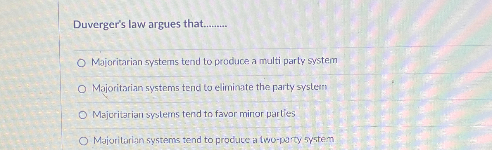 Solved Duverger's law argues that.........Majoritarian | Chegg.com