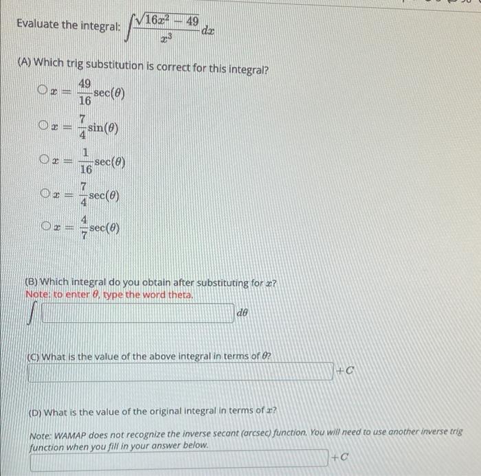 Solved Evaluate the integral: 0x= (A) Which trig | Chegg.com