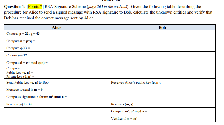 Solved Question 1: [Points 7] ﻿RSA Signature Scheme (page | Chegg.com