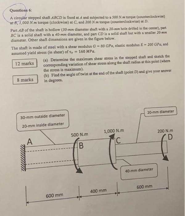 Solved Questions 6: A circular stepped shaft ABCD is fixed | Chegg.com