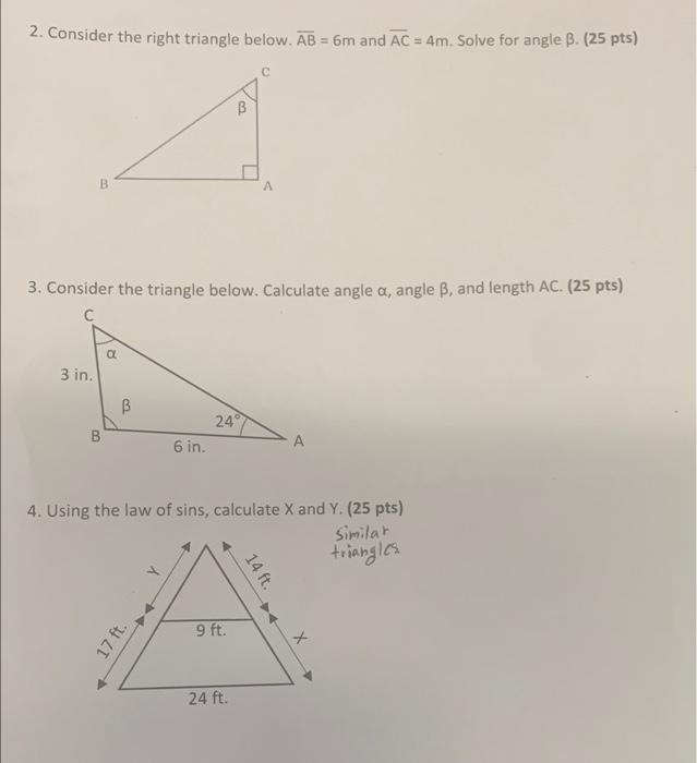 Solved 2. Consider the right triangle below. AB=6 m and AC=4 | Chegg.com