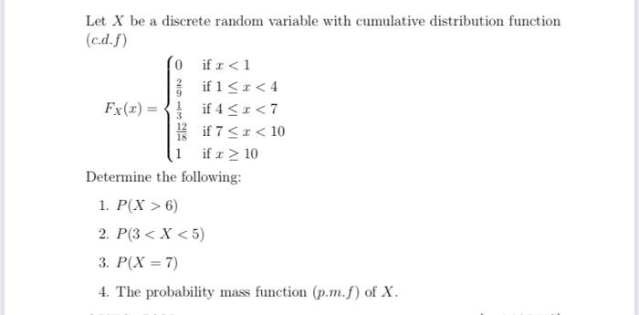 Solved Let X be a discrete random variable with cumulative | Chegg.com