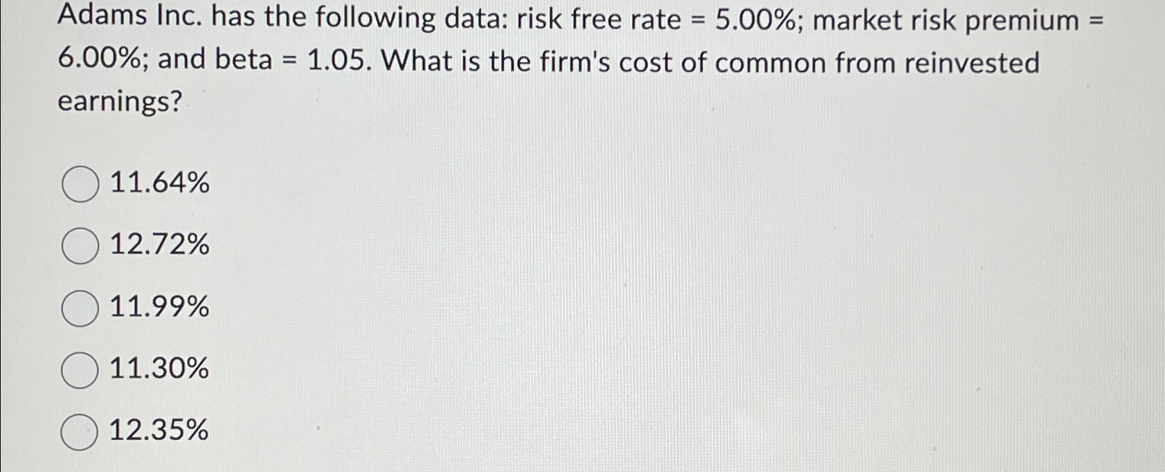 Solved Adams Inc. has the following data: risk free rate | Chegg.com