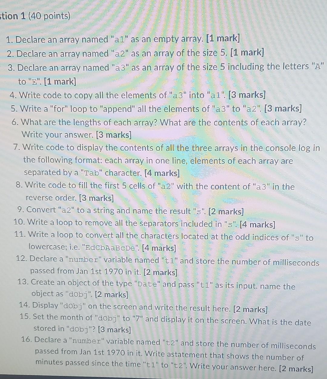 Solved stion 1 (40 points) 1. Declare an array named "al" as | Chegg.com