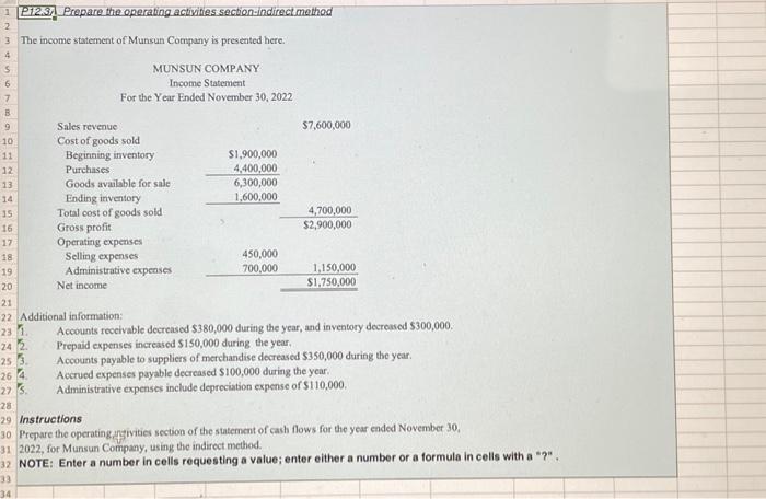 Solved P12.3) Prepare the operating activities | Chegg.com