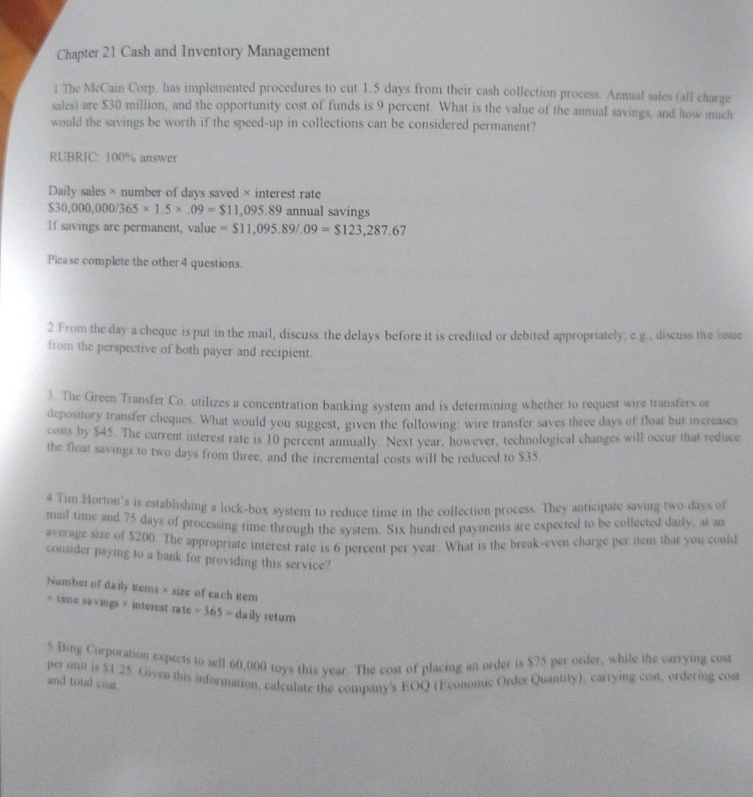 Solved Chapter 21 Cash and Inventory Management 1 The McCain | Chegg.com