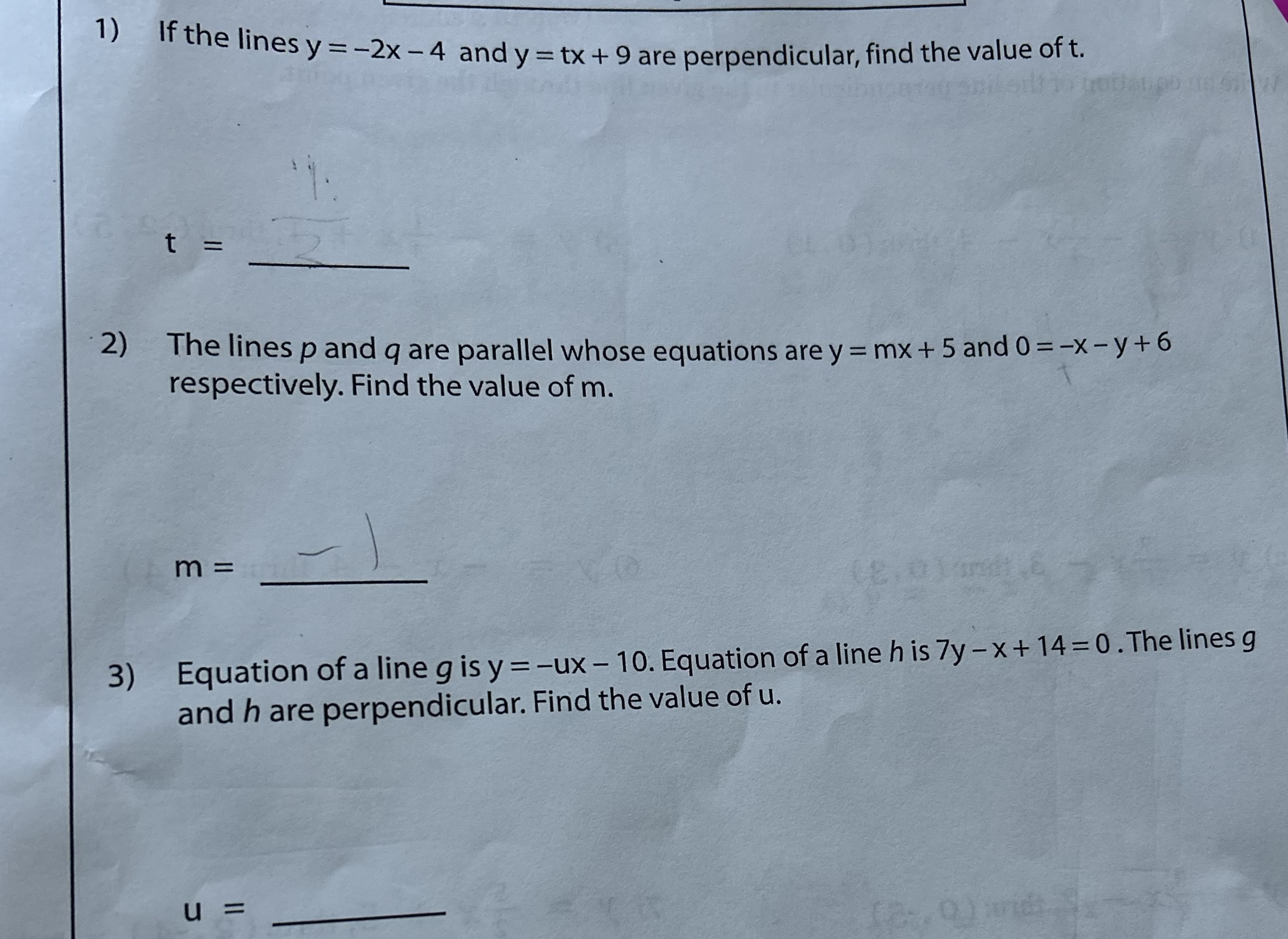 Solved If the lines y=-2x-4 ﻿and y=tx+9 ﻿are perpendicular, | Chegg.com