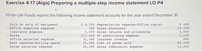 Solved Exercise 4-17 (Algo) Preparing a multiple-step income | Chegg.com