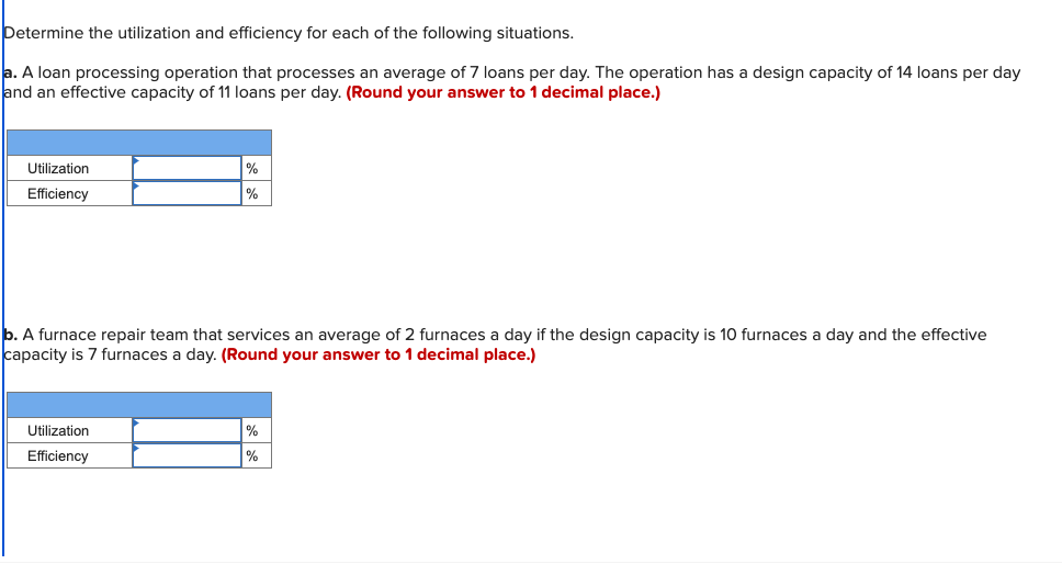 Solved Determine the utilization and efficiency for each of | Chegg.com
