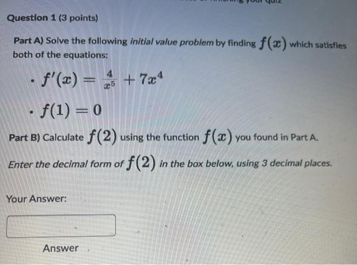 Solved Question 1 (3 points) Part A) Solve the following | Chegg.com