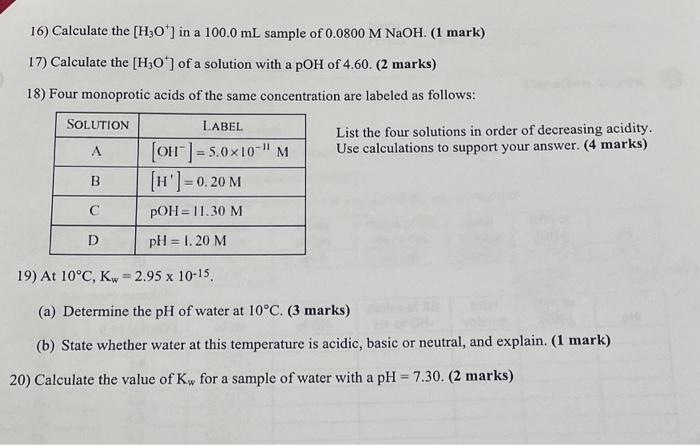 Solved CHEMISTRY 12−Kw,PH AND POH WORKSHEET \#2 1) What is | Chegg.com